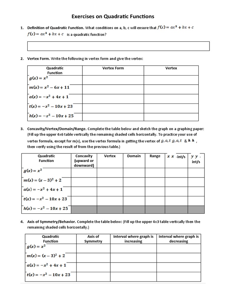 Exercises On Quadratic Functions Pdf Quadratic Equation Function