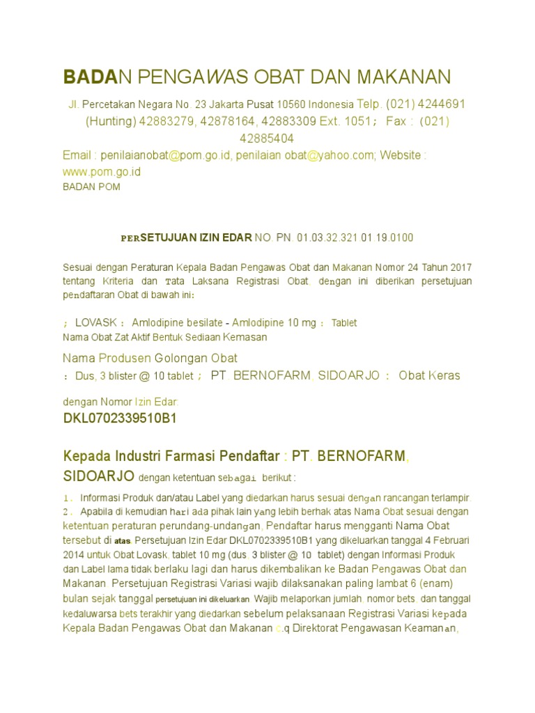 Persetujuan Izin Edar Obat Lovask 10 mg | PDF | Kesehatan Holistik ...
