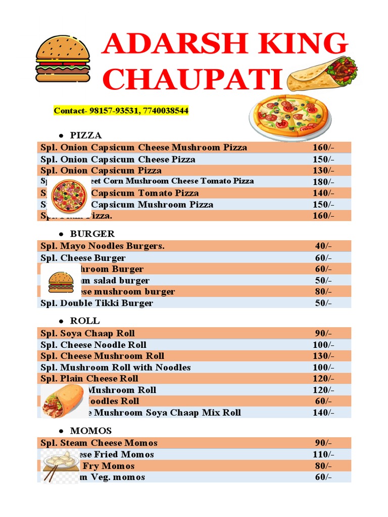 Adarsh King Chaupati Menu | PDF