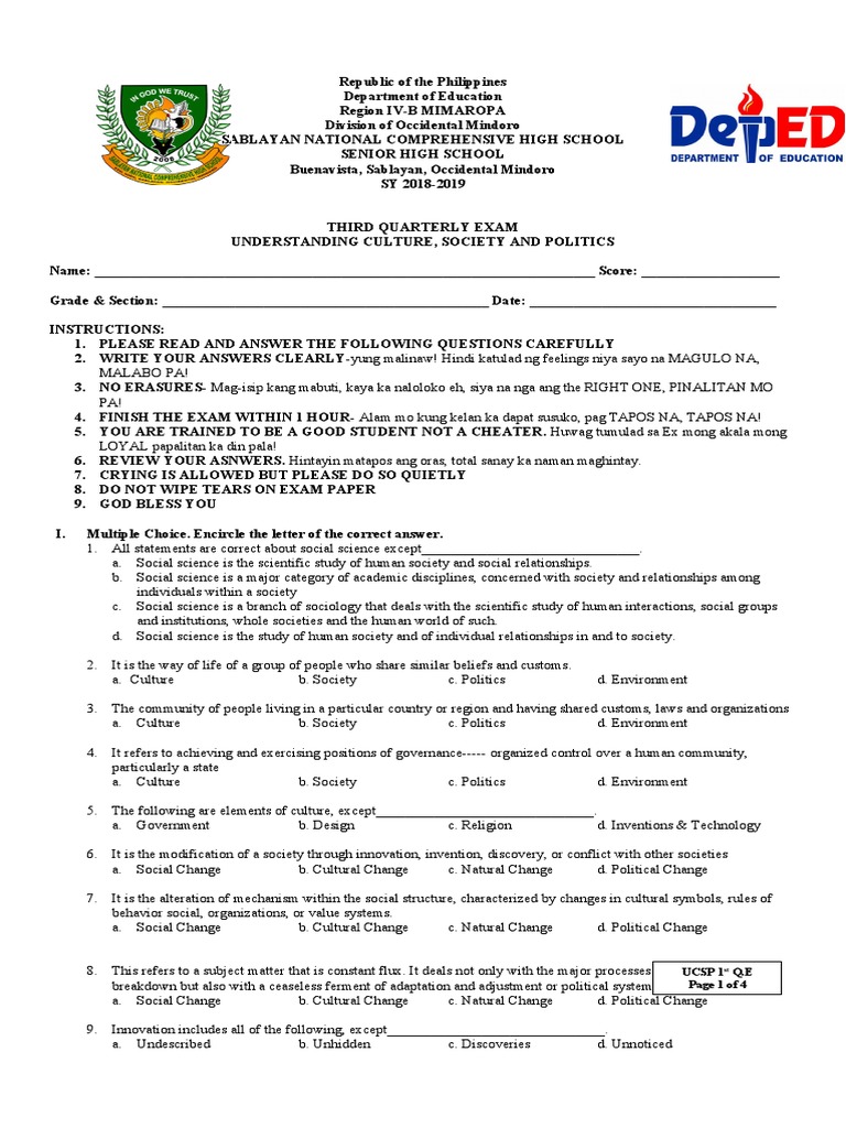Ucsp - 1ST Exam | PDF | Value (Ethics) | Social Sciences