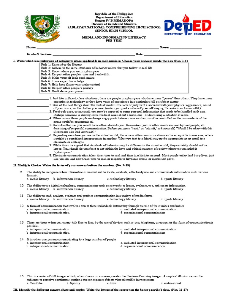 Pre-Test Mil | PDF | Mass Media | Literacy