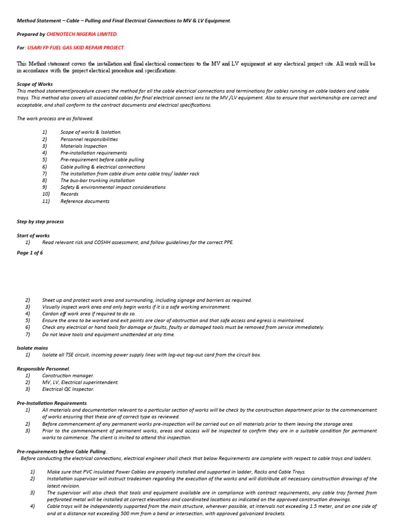 Method Statement For Cable Pulling & Final Electrical Connections ...
