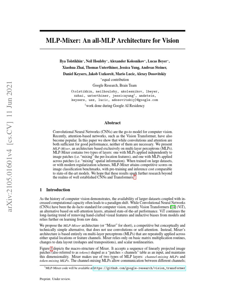 MLP-Mixer An All-MLP Architecture For Vision | PDF | Cybernetics ...