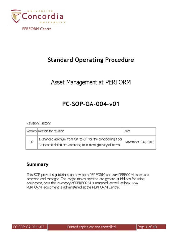 Standard Operating Procedure Asset Management at Perform PC Sop Ga 004 ...