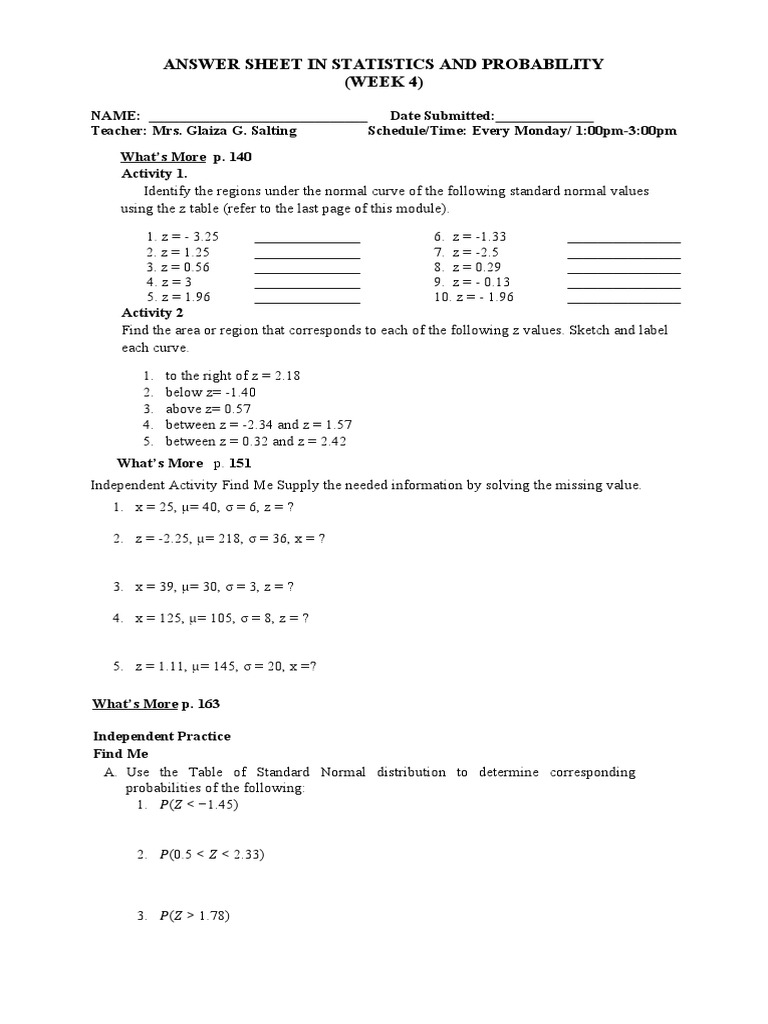 Activity Worksheet Grade 11 Week 4 | PDF | Normal Distribution ...