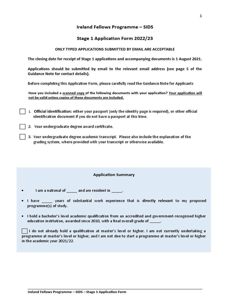 Ireland Fellows Programme - SIDS Stage 1 Application Form 2022/23 | PDF ...