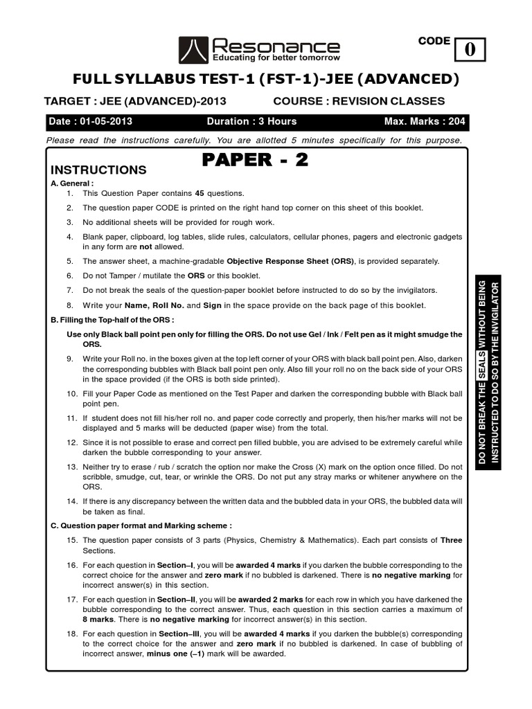 Paper - 2: Full Syllabus Test-1 (Fst-1) - Jee (Advanced) | PDF ...