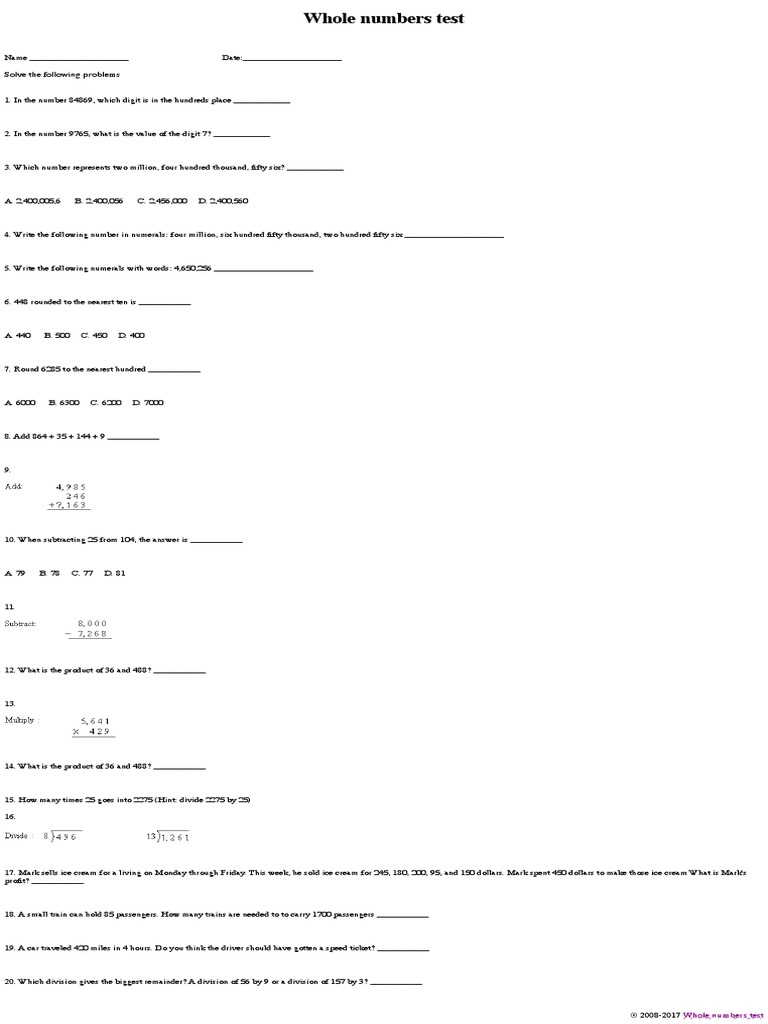 Whole Numbers Test: Name - Date | PDF