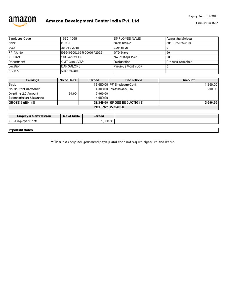 Amazon Development Center India Pvt. LTD: Amount in INR | PDF