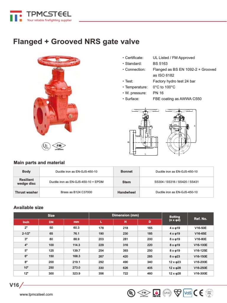 Flanged + Grooved NRS Gate Valve: Main Parts and Material | PDF | Valve ...