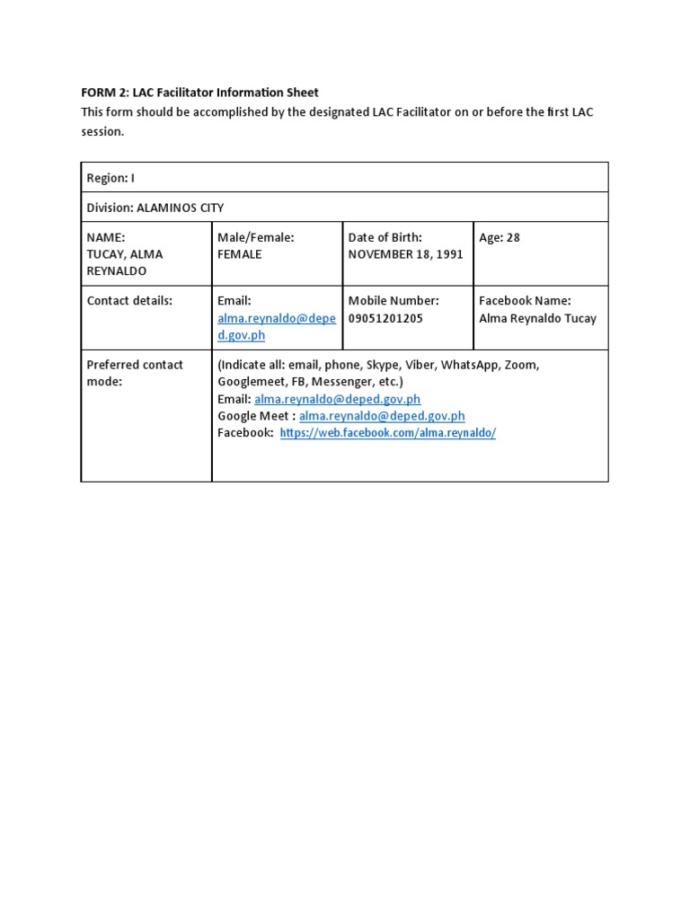 LAC Form 2 - Facilitator Information Sheet | PDF