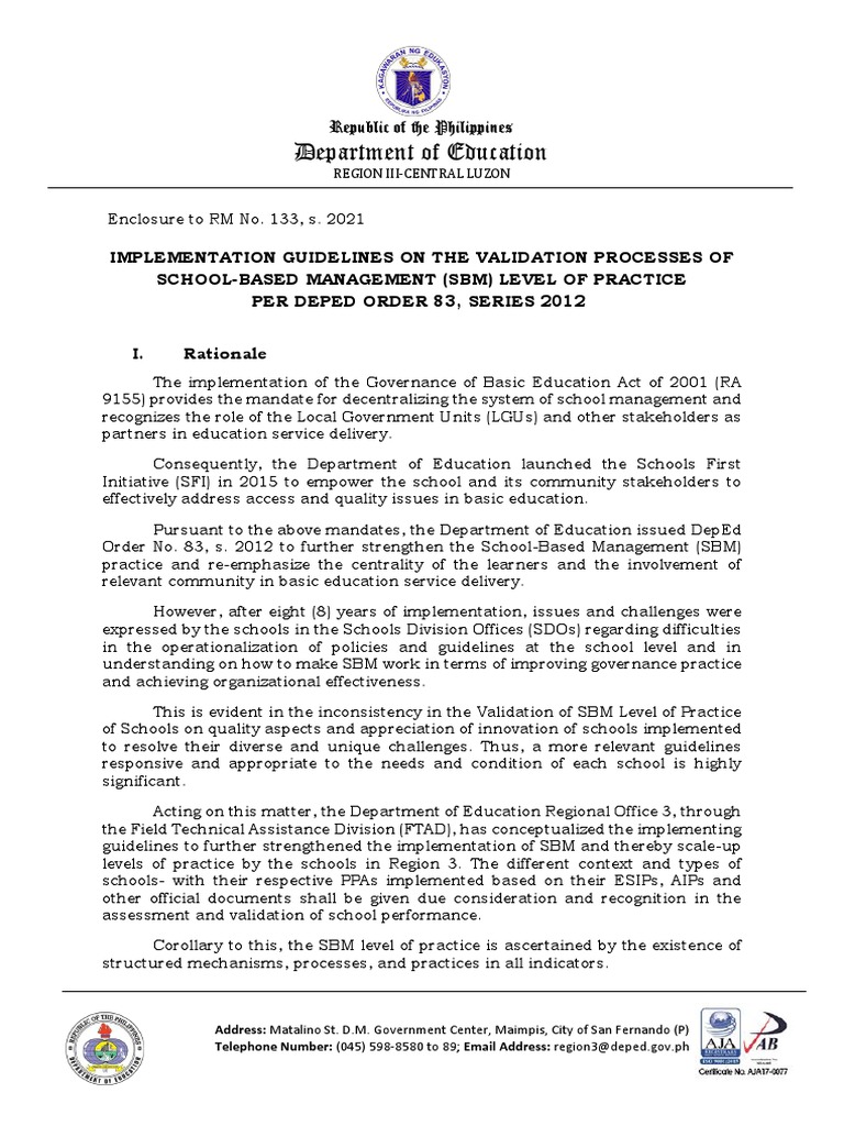 Enclosure To RM No. 133 S. 2021 Implementing Guidelines On SBM ...