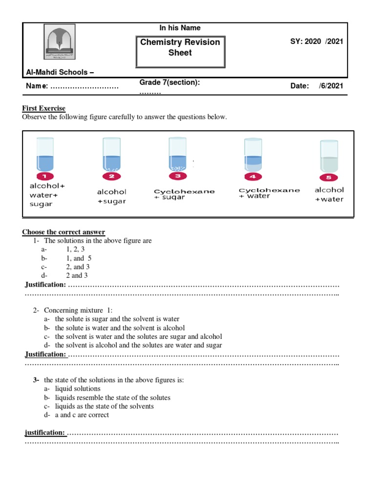 Chemistry Exercises for Grade 7 Students | PDF | Solution | Physical ...