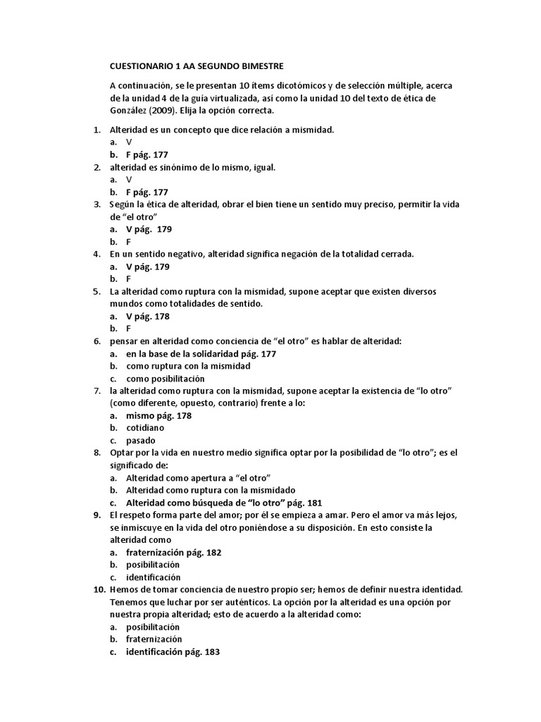CUESTIONARIO1 y 2 AA SEGUNDO BIMESTRE CLAVES - 1110665368 | PDF | Bien común | Sociedad