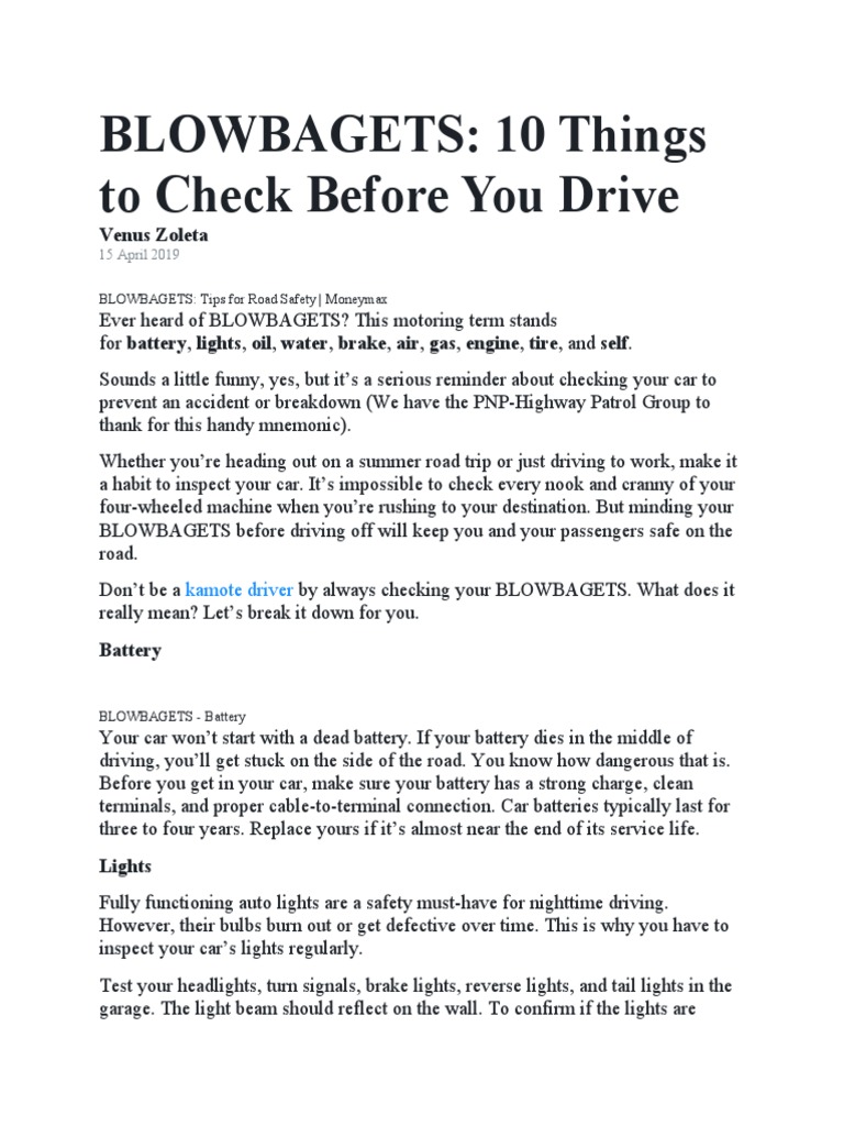 BLOWBAGETS: 10 Things To Check Before You Drive: Venus Zoleta | PDF ...