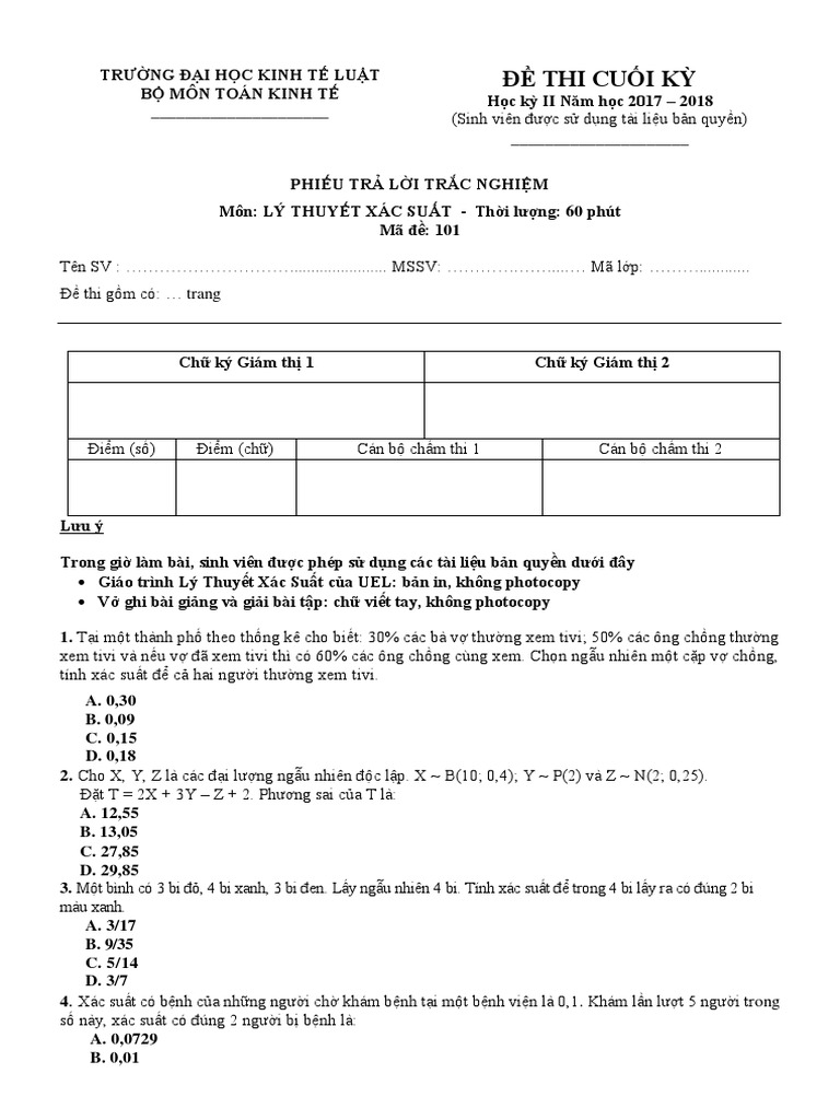 Đề thi LTXS 2017- 2018. Ca 101 | PDF
