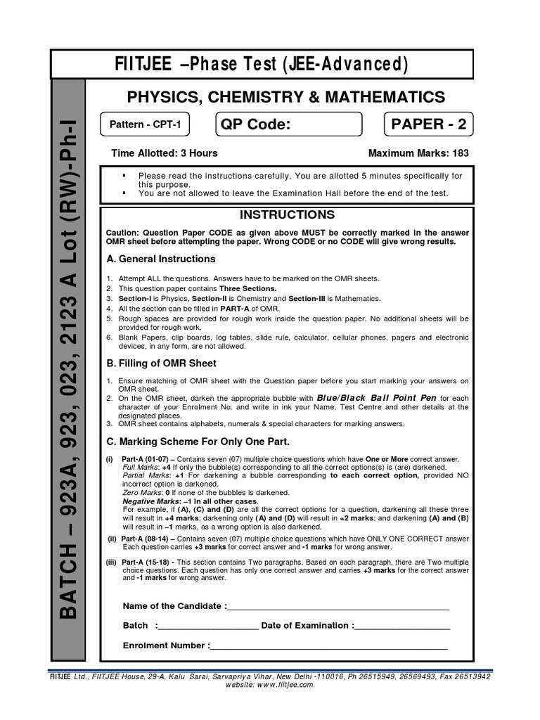 Fiitjee Phase Test 1 Paper | PDF | Mechanics | Physics