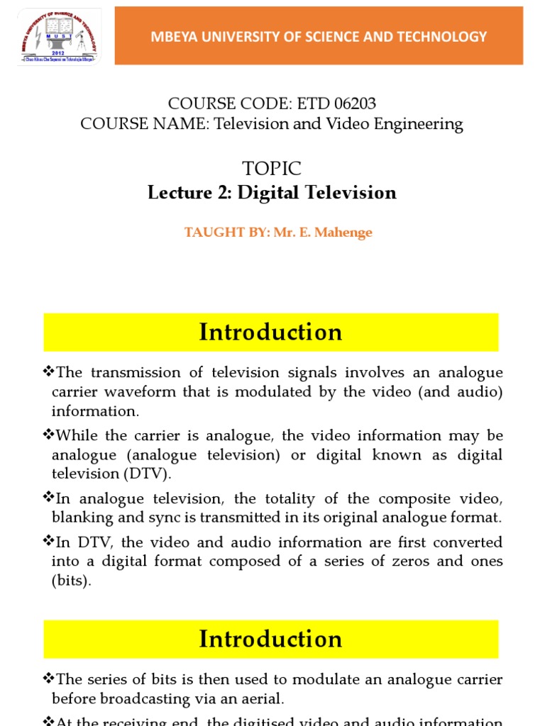 Lecture 2 - Digital Television | PDF | Data Compression | High ...