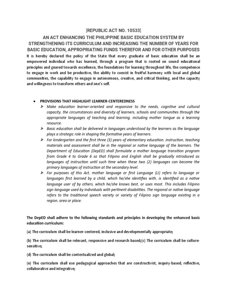 Ra 10533 | PDF | Curriculum | Learning