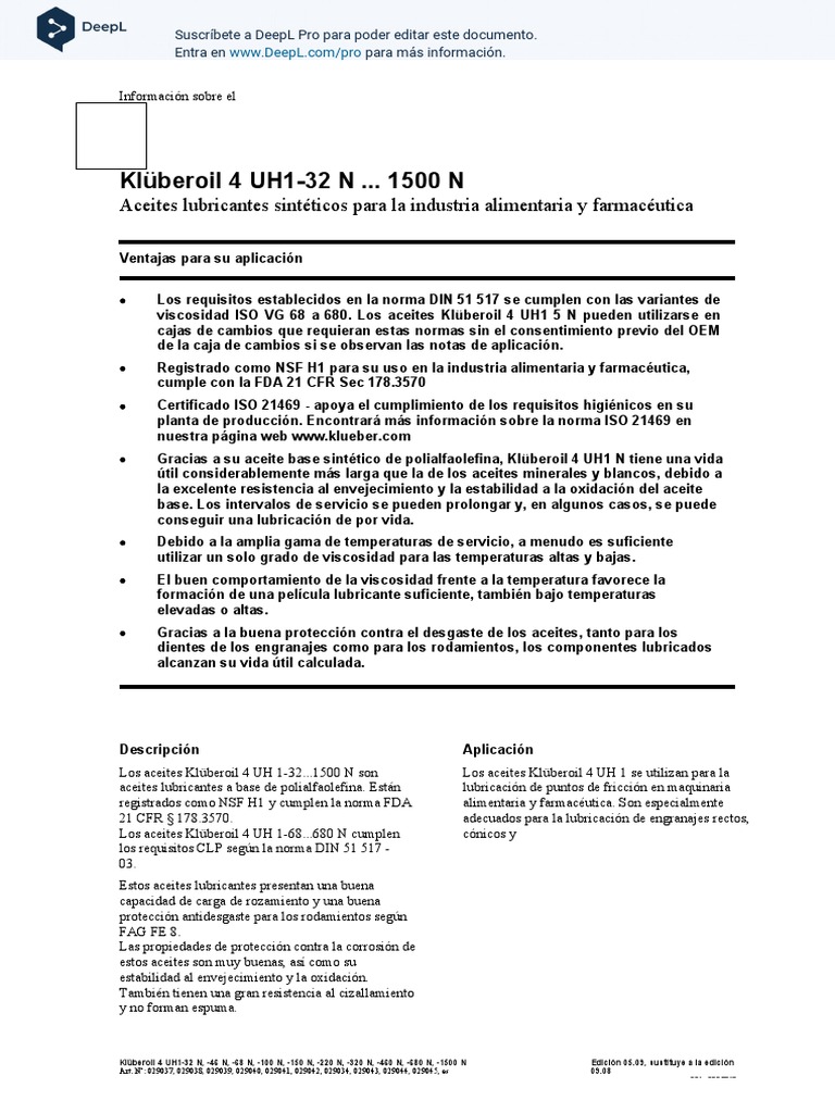 Kluberoil 4 Uh1 N Series ES | PDF | Lubricante | Engranaje