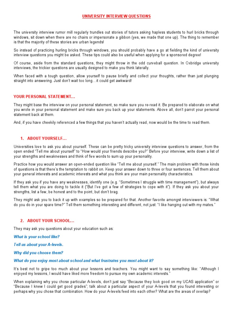 University Interview Questions 2020 | PDF | Interview | Gce Advanced ...