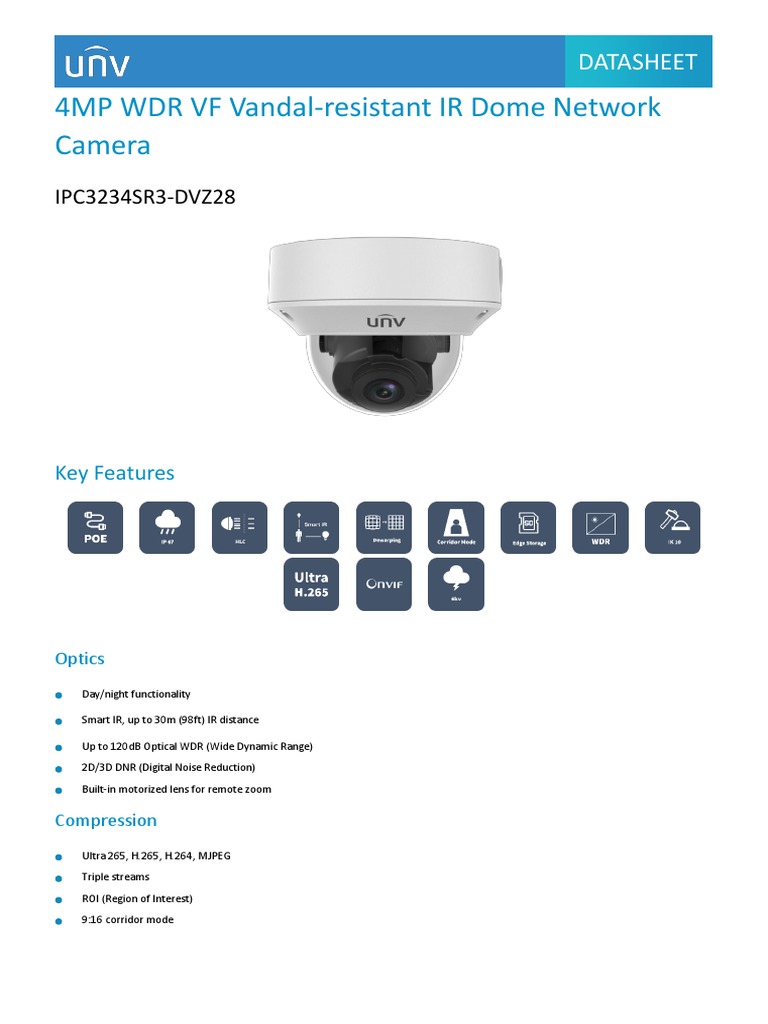 UNV IPC3234SR3-DVZ28 4MP WDR VF Vandal-Resistant IR Dome Network Camera V2.7 | PDF | Camera ...