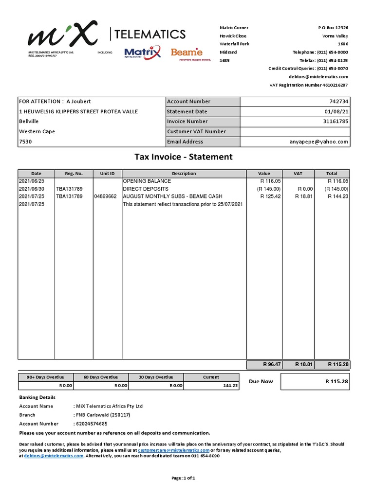 MiX Telematics Tax Invoice - Statement-1 | PDF | Invoice | Value Added Tax