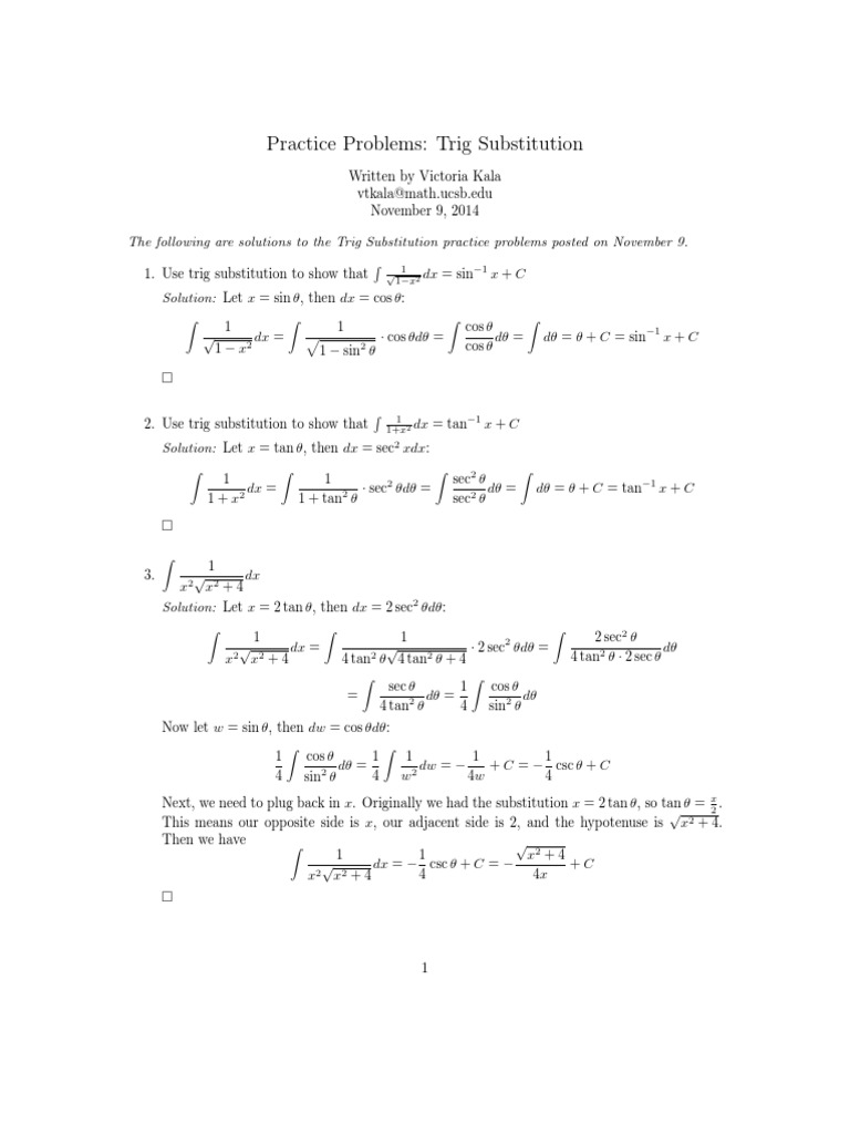 Practice Problems: Trig Substitution | Download Free PDF | Mathematics ...