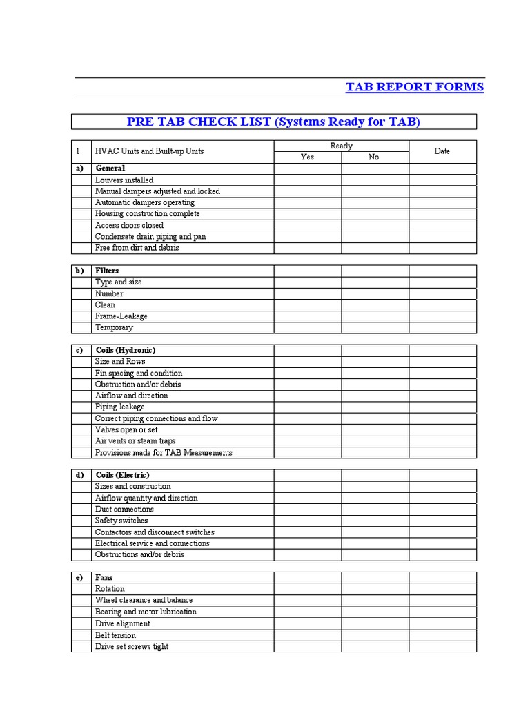 Tab Report Forms PRE TAB CHECK LIST (Systems Ready For TAB) | PDF ...