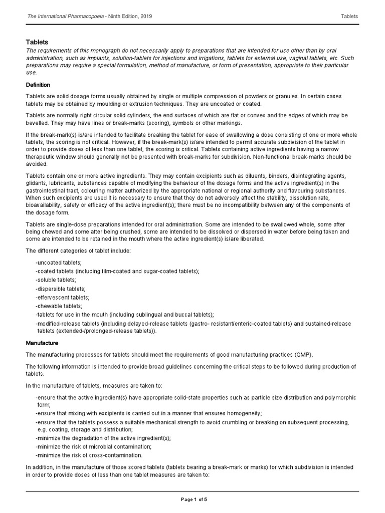 The International Pharmacopoeia - Ninth Edition, 2019: Tablets ...