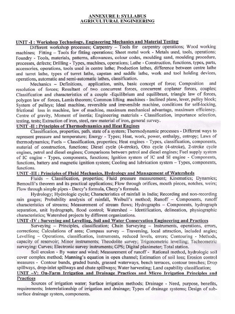 Annexure I: Syllabus Agricultural Engineering | PDF