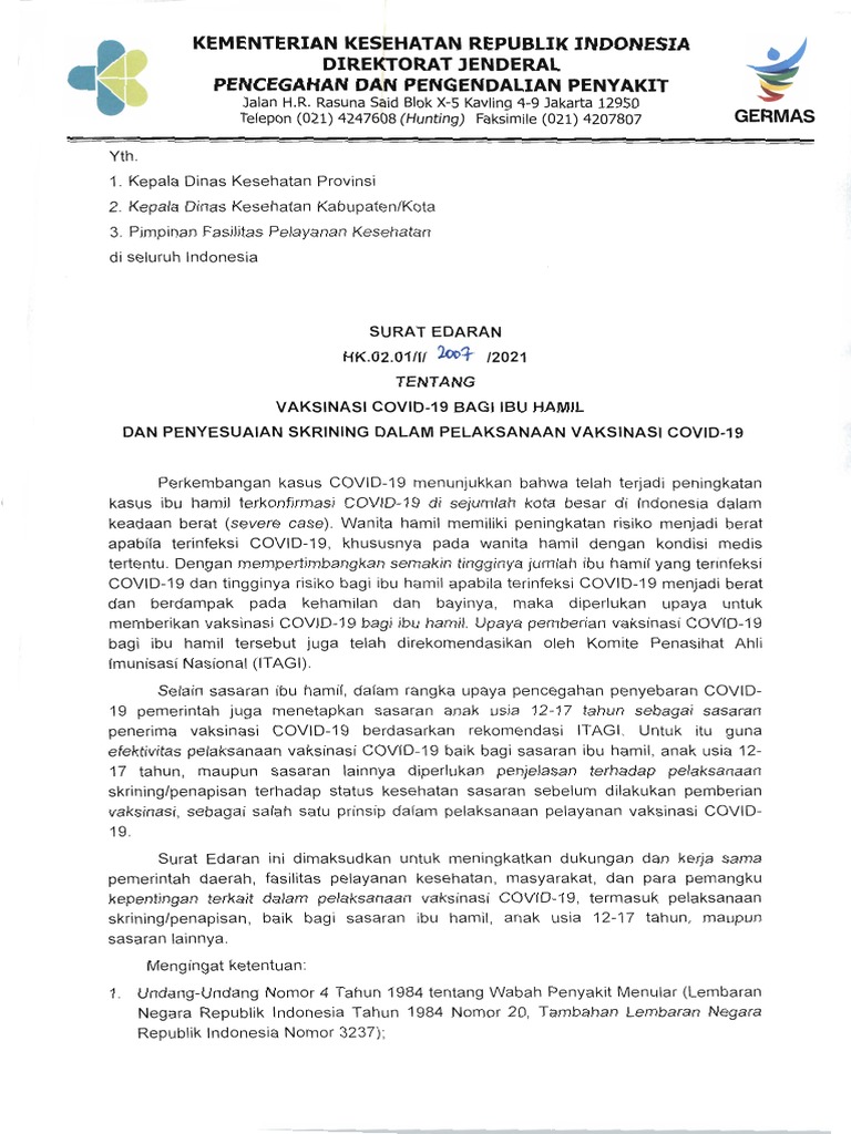 Surat Edaran Tentang Vaksinasi COVID-19 Bagi Ibu Hamil Dan Penyesuaian Skrinning Dalam ...
