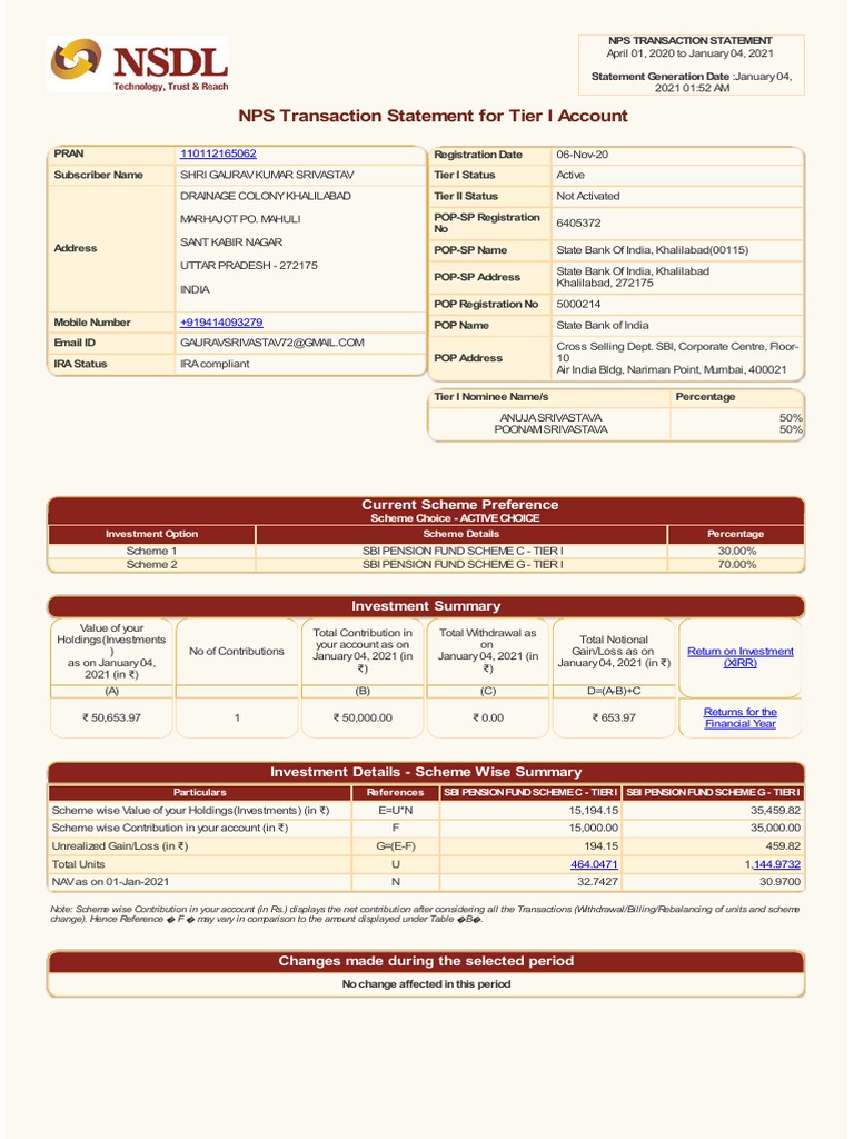 NPS Transaction Statement For Tier I Account: Current Scheme Preference ...