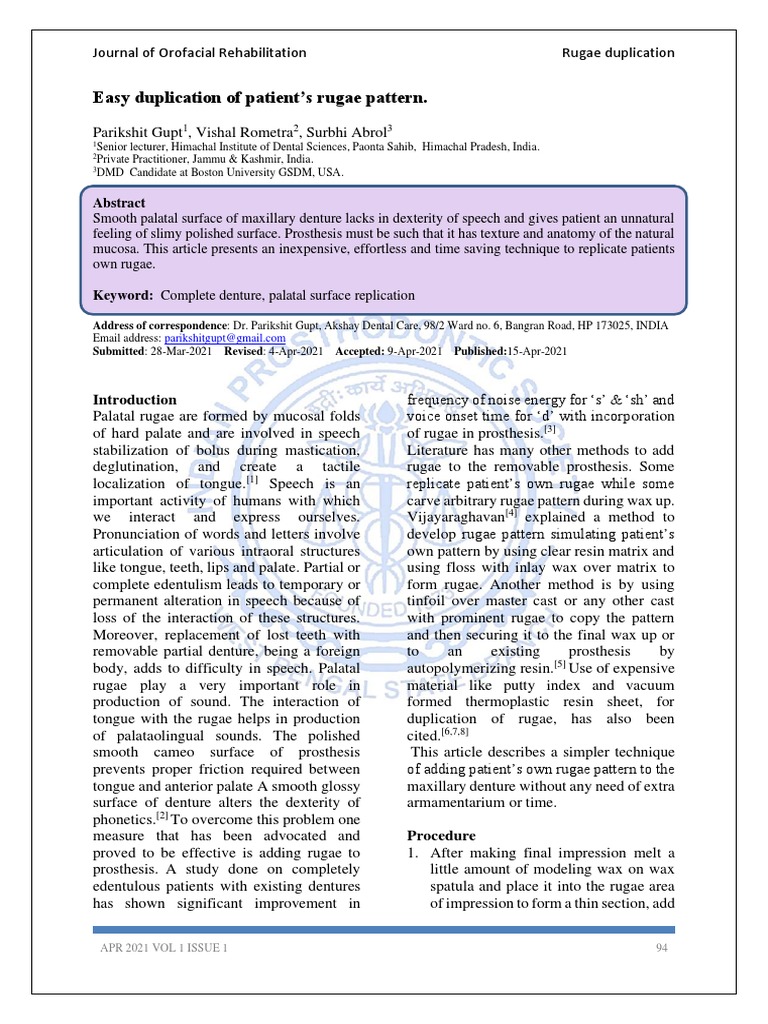 Easy Duplication of Patient's Rugae Pattern | PDF | Dentures | Medical ...