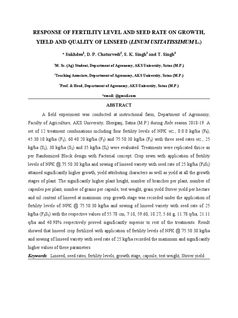 Effect of Fertility Levels and Seed Rates on Growth, Yield and Quality ...