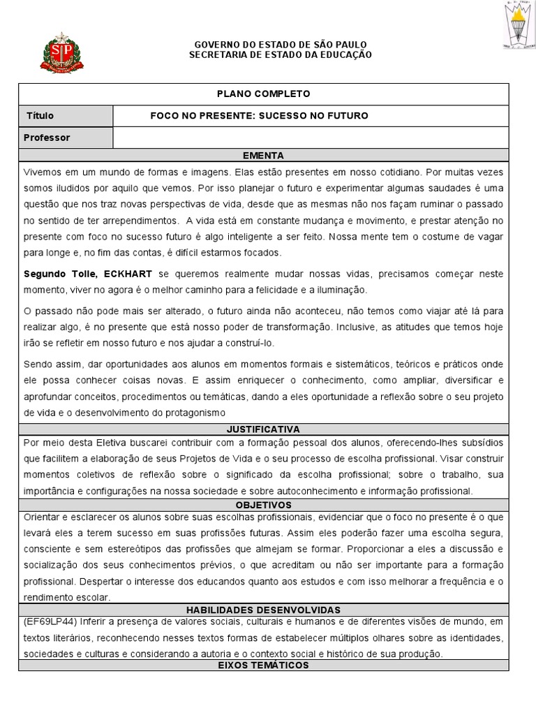 Ementa Eletiva Foco No Presente - Sucesso No Futuro | PDF | Estado | Sociologia
