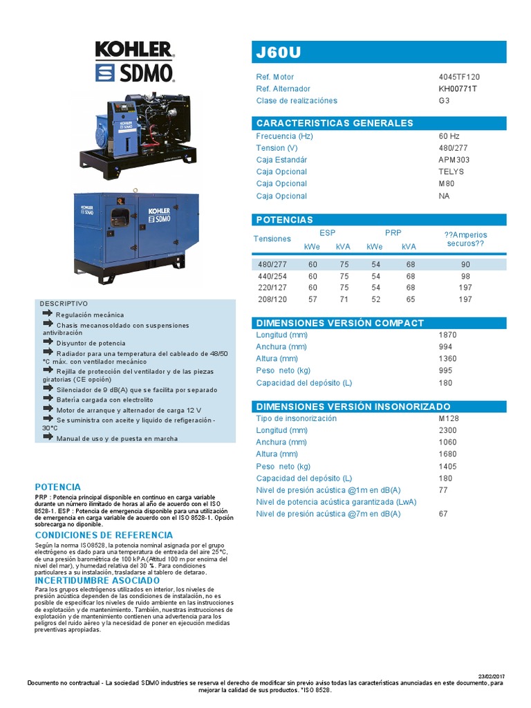 Ficha Tecnica Kohler Sdmo J60u PDF | PDF | Factores humanos y ergonomía | Electricidad