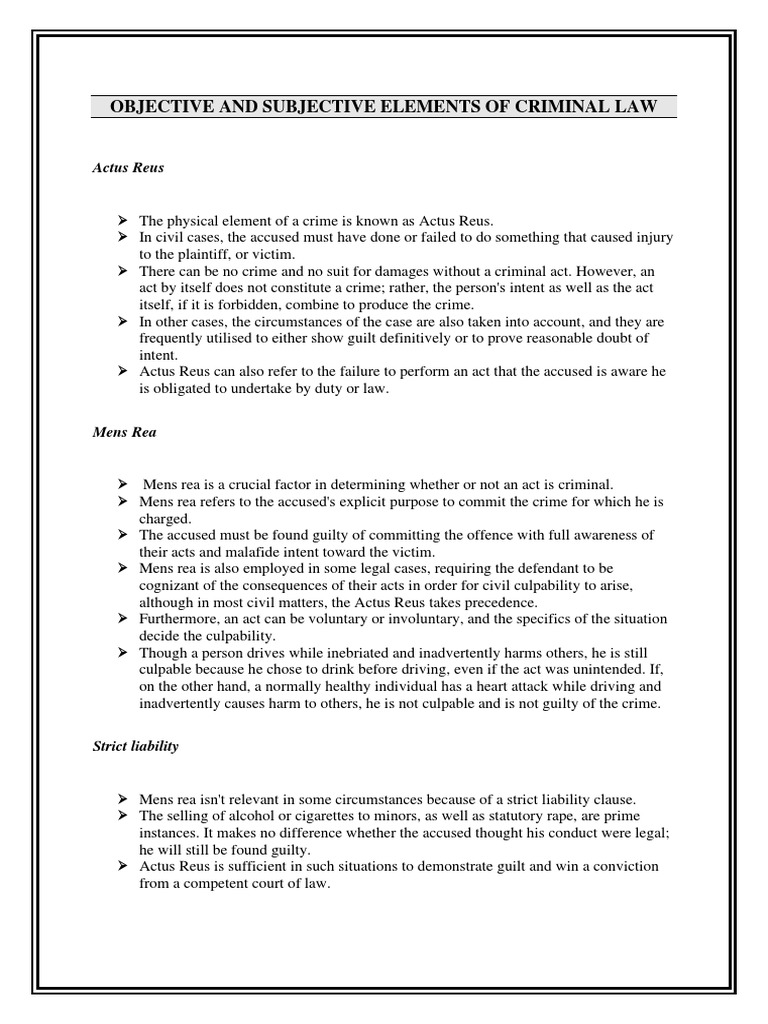 Objective and Subjective Elements of Criminal Law | PDF | Mens Rea ...