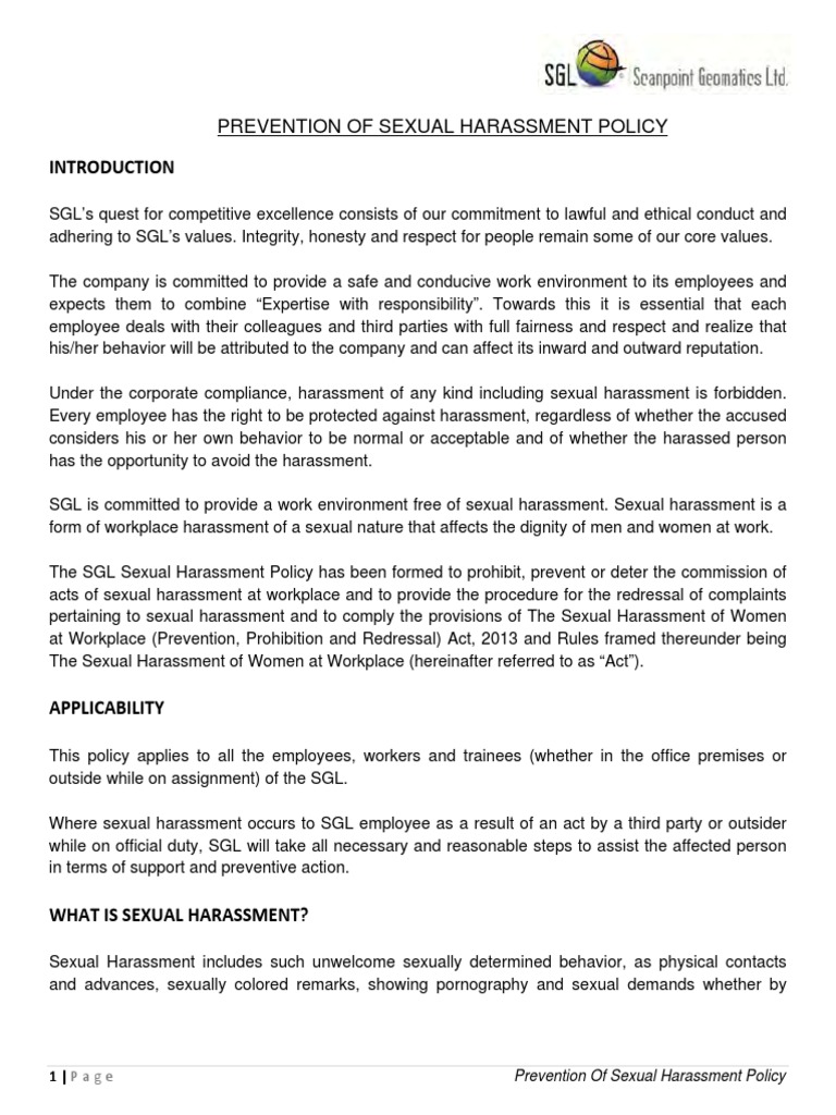 Prevention of Sexual Harassment Policy | PDF | Sexual Harassment ...
