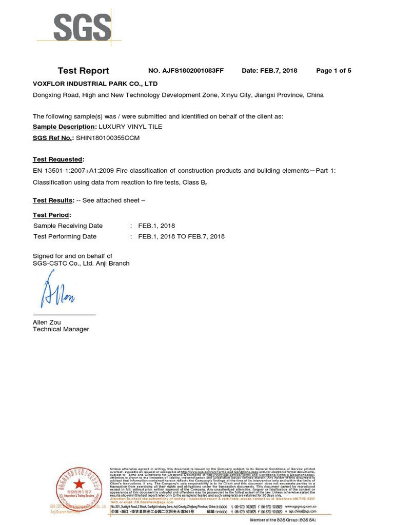 2018-LVT-EN13501 Fire Test (Voxflor LVT) | PDF