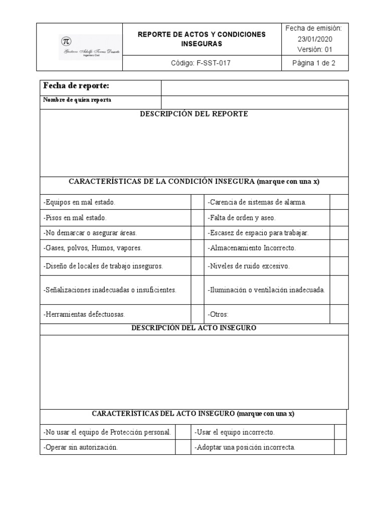 F-SST-017.Formato Reporte Actos Condiciones Inseguras | PDF