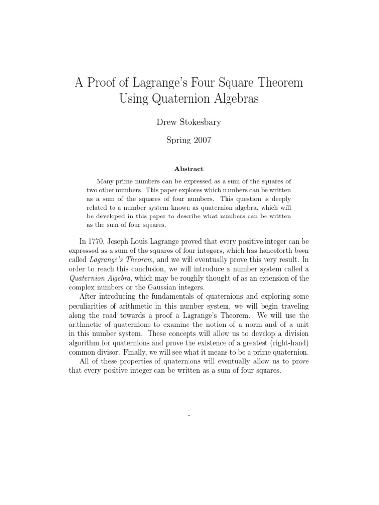 Quaternion Algebra Proof of Lagrange's Four Square Theorem | PDF | Algebra | Numbers