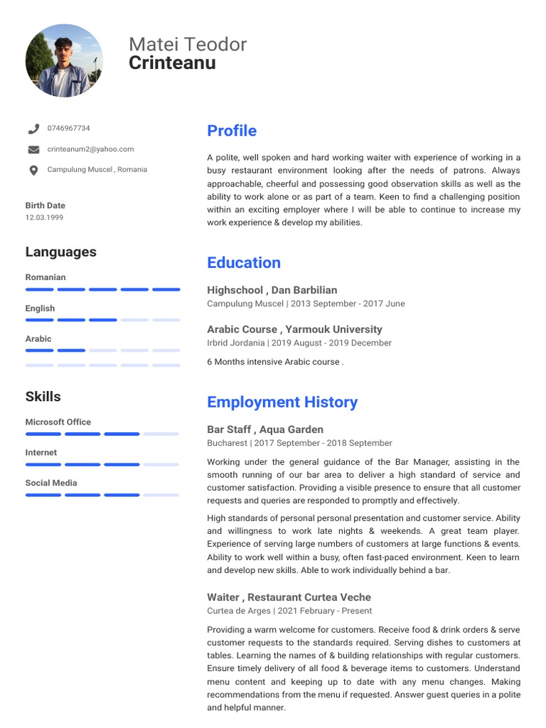 Resume Matei Teodor Crinteanu | PDF | Waiting Staff | Food And Drink