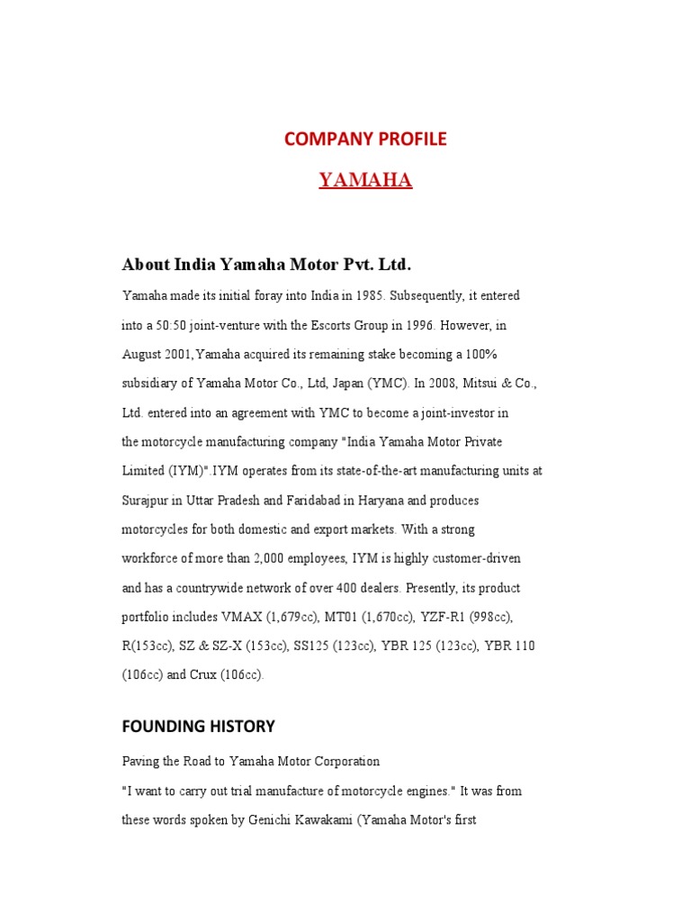 Company Profile Yamaha: About India Yamaha Motor Pvt. LTD | PDF ...