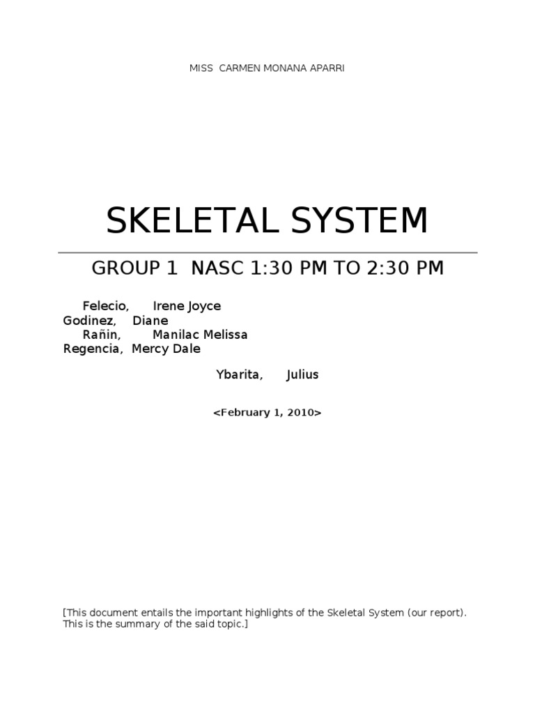 Skeletal System: Group 1 Nasc 1:30 PM To 2:30 PM | PDF | Skeleton | Bone