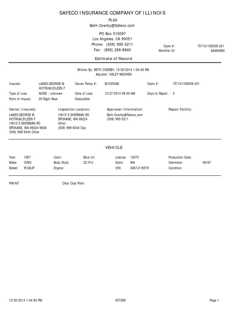 Estimate of Record 1957 Chev | PDF | Insurance | Deductible