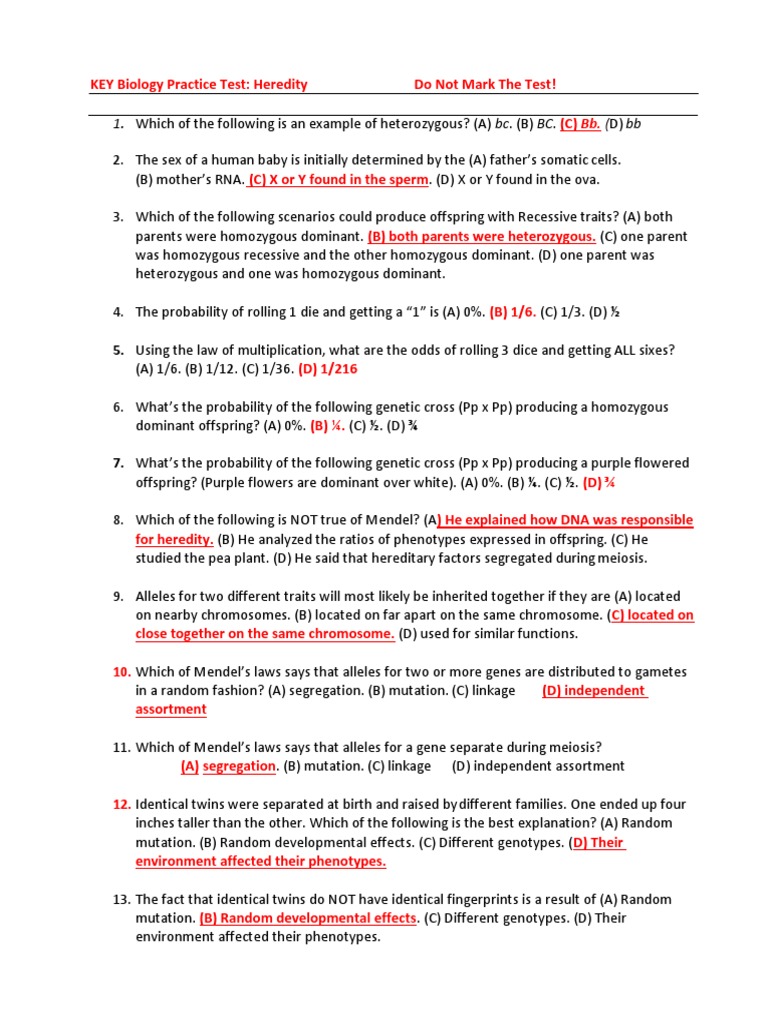 Heredity Practice Exam KEY | PDF | Dominance (Genetics) | Zygosity
