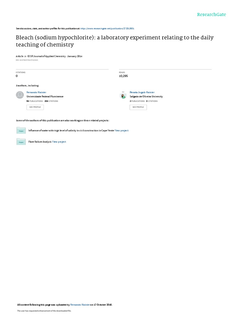 Bleach Sodium Hypochlorite A Laboratory Experiment | PDF | Chlorine ...