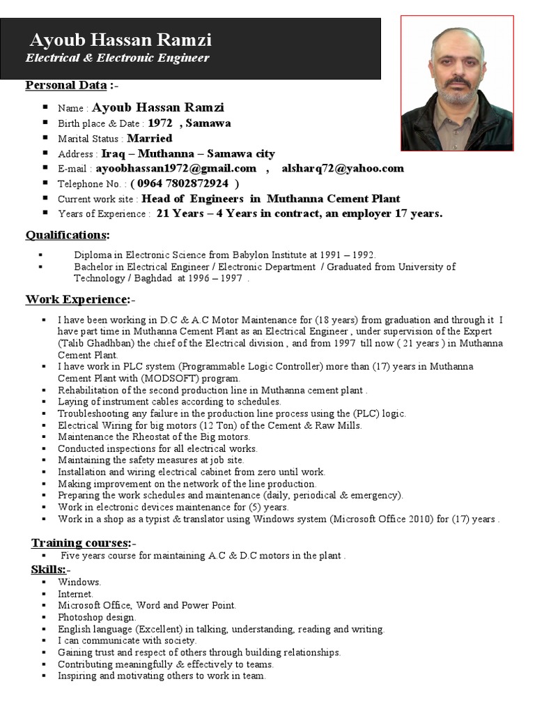 Electrical Engineer Resume Ayoub Hassan Ramzi | PDF | Programmable Logic Controller | Engineer