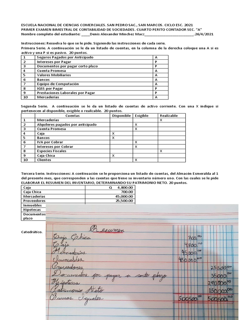 Contabilidad Sociedades Primer Examen Bimestral Minchez Macz Denis Alexander | PDF ...